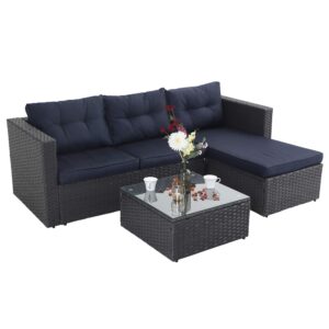 PHI VILLA 77" Wide Outdoor Rattan Sectional Sofa with Cushions - Small Patio Wicker Furniture Set (3 - Person Seating Group, Blue)