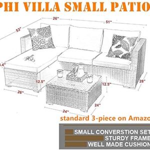 PHI VILLA 77" Wide Outdoor Rattan Sectional Sofa with Cushions - Small Patio Wicker Furniture Set (3 - Person Seating Group, Blue)