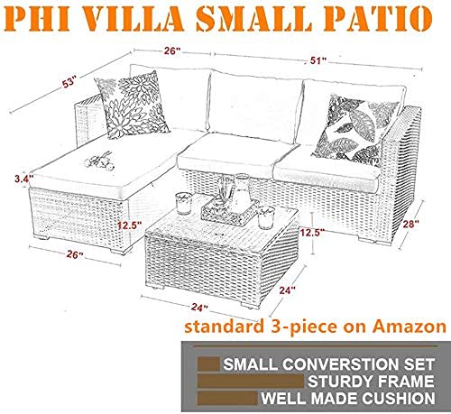 PHI VILLA 77" Wide Outdoor Rattan Sectional Sofa with Cushions - Small Patio Wicker Furniture Set (3 - Person Seating Group, Blue)