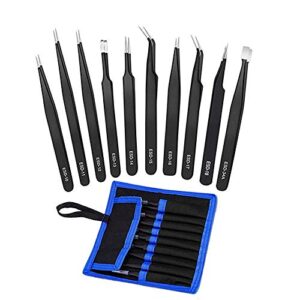 tweezers precision set,easily life 10pcs esd tweezers set, anti static stainless steel anti magnetic tweezers set with storage bag for craft,electronics repair,jewelry repair,laboratory work,etc.