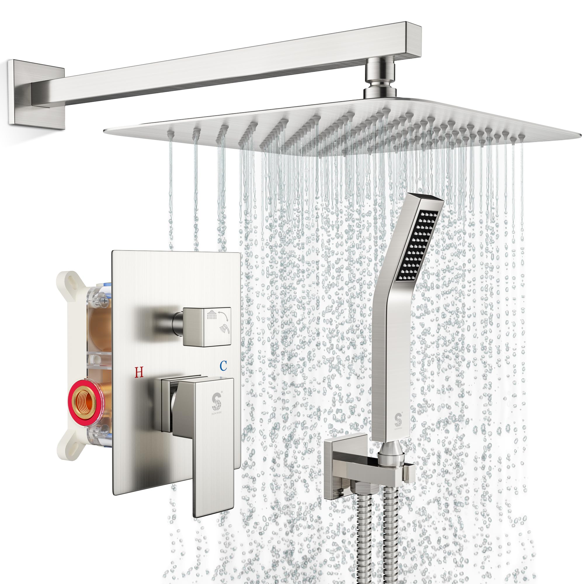 SR SUN RISE 12 Inches Bathroom Luxury Rain Mixer Shower Combo Set Wall Mounted Rainfall Shower Head System Brushed Nickel Finish Shower Faucet Rough-In