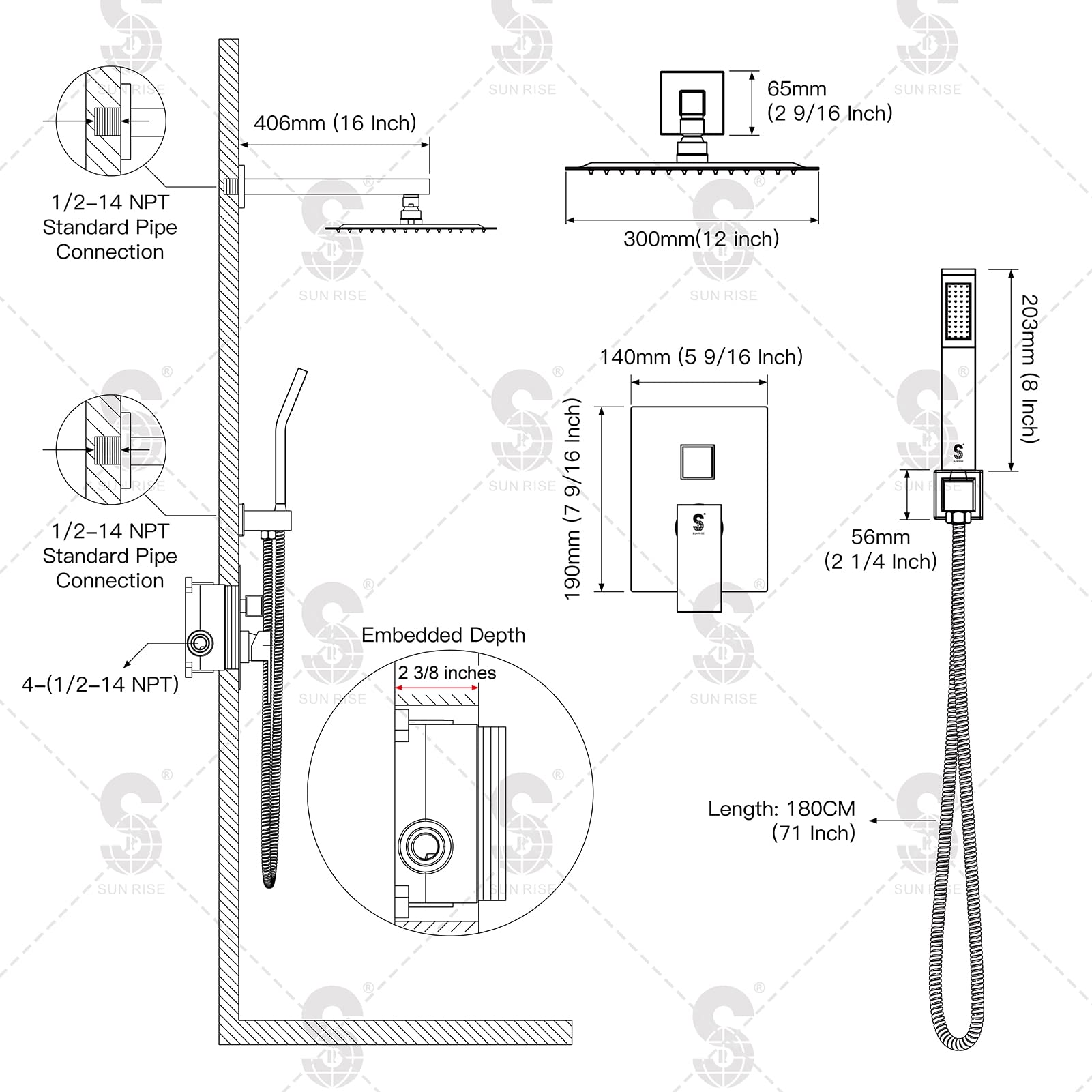 SR SUN RISE 12 Inches Bathroom Luxury Rain Mixer Shower Combo Set Wall Mounted Rainfall Shower Head System Brushed Nickel Finish Shower Faucet Rough-In