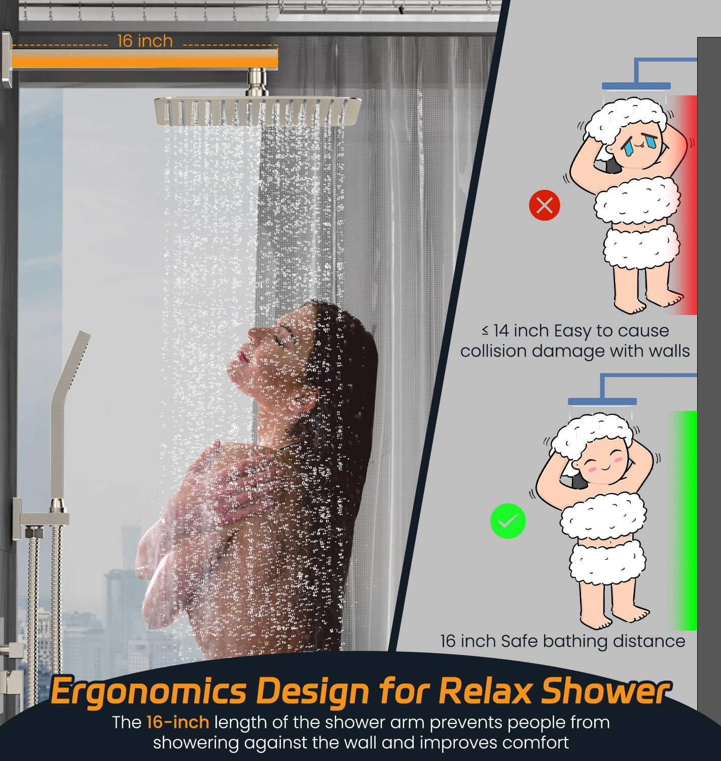 SR SUN RISE 12 Inches Bathroom Luxury Rain Mixer Shower Combo Set Wall Mounted Rainfall Shower Head System Brushed Nickel Finish Shower Faucet Rough-In