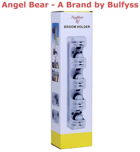 Angel Bear Mop Holder and Broom Holder, 4 Slot Position with 5 Hooks Garage Storage Holder Wall Mounted, Plastic, Multicolour, Standard