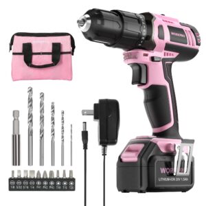 workpro pink cordless 20v lithium-ion drill driver set, 1 battery, charger and storage bag included - pink ribbon