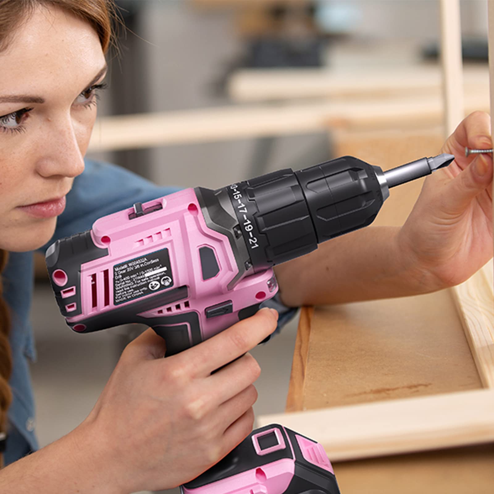 WORKPRO Pink Cordless 20V Lithium-ion Drill Driver Set, 1 Battery, Charger and Storage Bag Included - Pink Ribbon