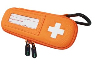 mymedibag single epipen holder | hardcase insulated epipen case | highly visible and noticeable epipen carrier bag in case of an emergency | bright orange epipen carry case insulated pouch