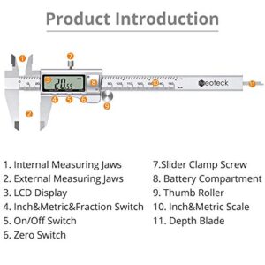 Neoteck 6 inch Digital Caliper, Full-Metal Electronic Calipers Measuring Tool Fractions/Inch/mm Conversion