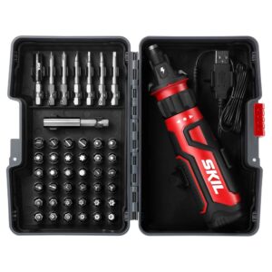 skil rechargeable 4v cordless screwdriver with circuit sensor technology includes 45pcs bit set, usb charging cable, carrying case - sd561204