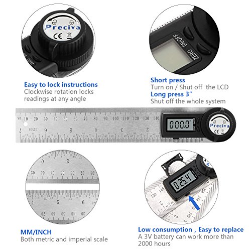 Digital Angle Finder Protractor, Preciva Digital Protractor 7 inch / 400mm Stainless Steel Measuring Ruler with Large LCD Display for Woodworking, Measurement (400MM)