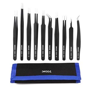 precision tweezers set, xool 10 pcs esd tweezers set, anti-static stainless steel tweezers kit, non-magnetic and multi-standard stainless steel tweezers for lab, electronics, jewelry and detailed work