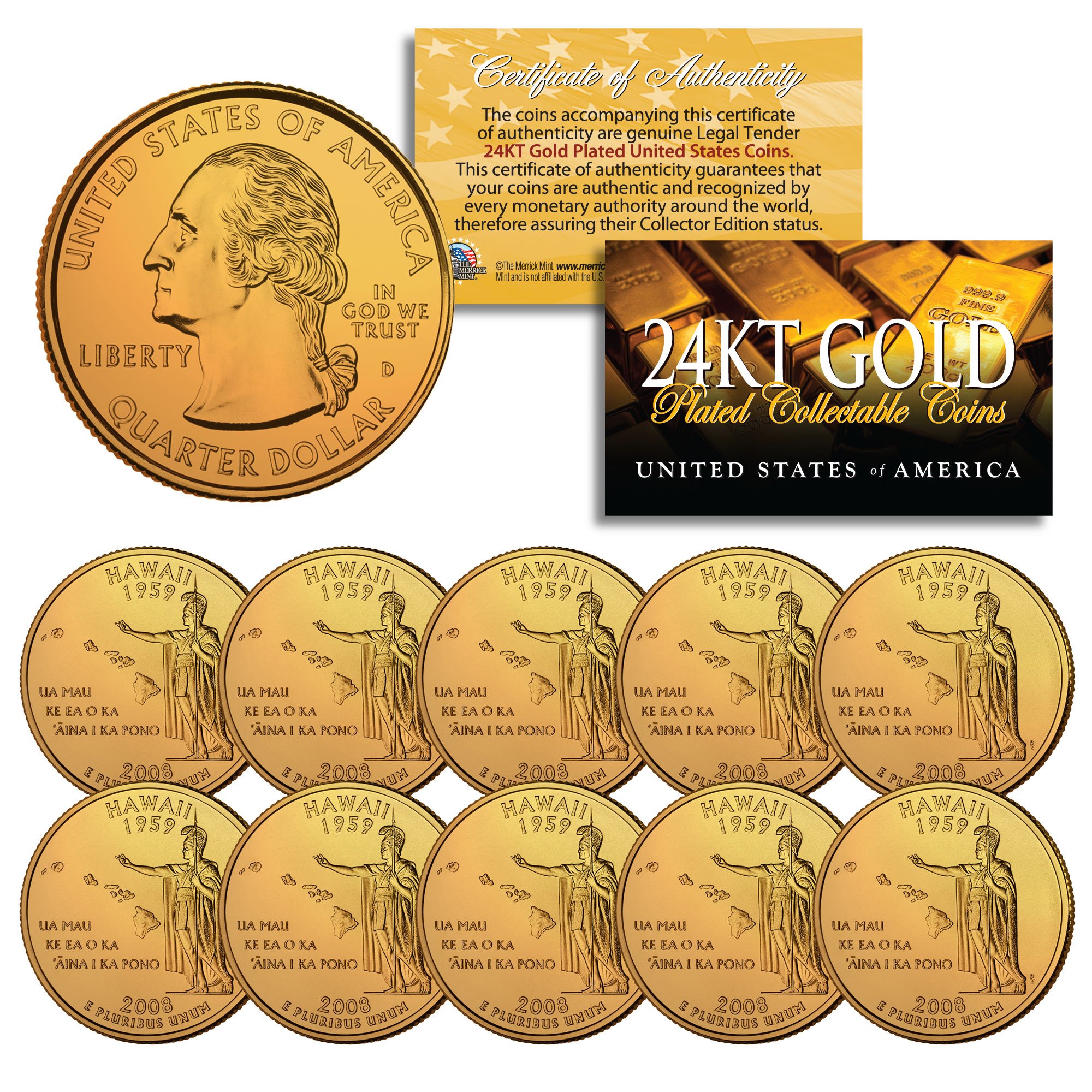 2008 Hawaii State Quarters U.S. Mint BU Coins 24K Gold Plated (LOT of 10)