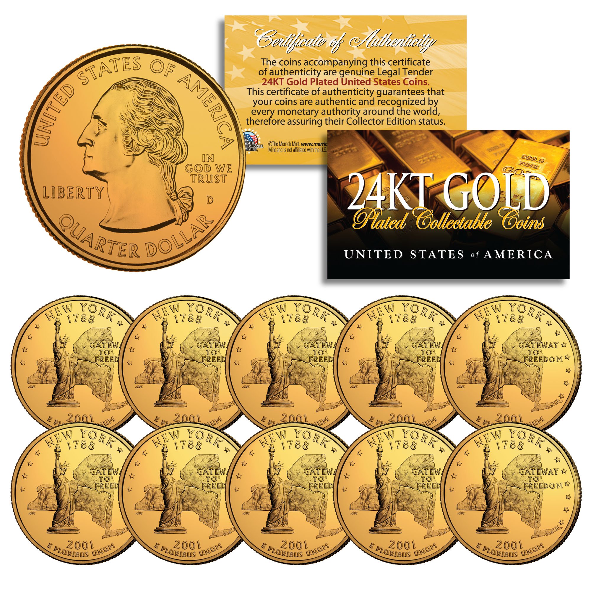 2001 New York State Quarters U.S. Mint BU Coins 24K Gold Plated (LOT of 10)