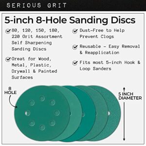 Serious Grit - 5-Inch 8-Hole Sanding Discs Assortment - 80, 120, 150, 180, 220 Grit (10 of Each) - Heavy-Duty Hook & Loop Film Discs - Sandpaper for Random Orbital Sanders - 50 Pack Box