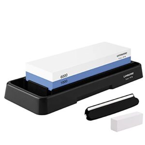 knife sharpening stone set,whetstone dual sided 1000/6000 grit waterstone with angle guide non slip rubber base holder, knife sharpeners tool kit for kitchen hunting (blue + black)