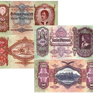 HU 1030 ORNATE GIANT SIZE HUNGARY 50 & 100 PENGO BANKNOTES w HISTORIC VIGNETTES Moderately Circulated VF-XF RANGE