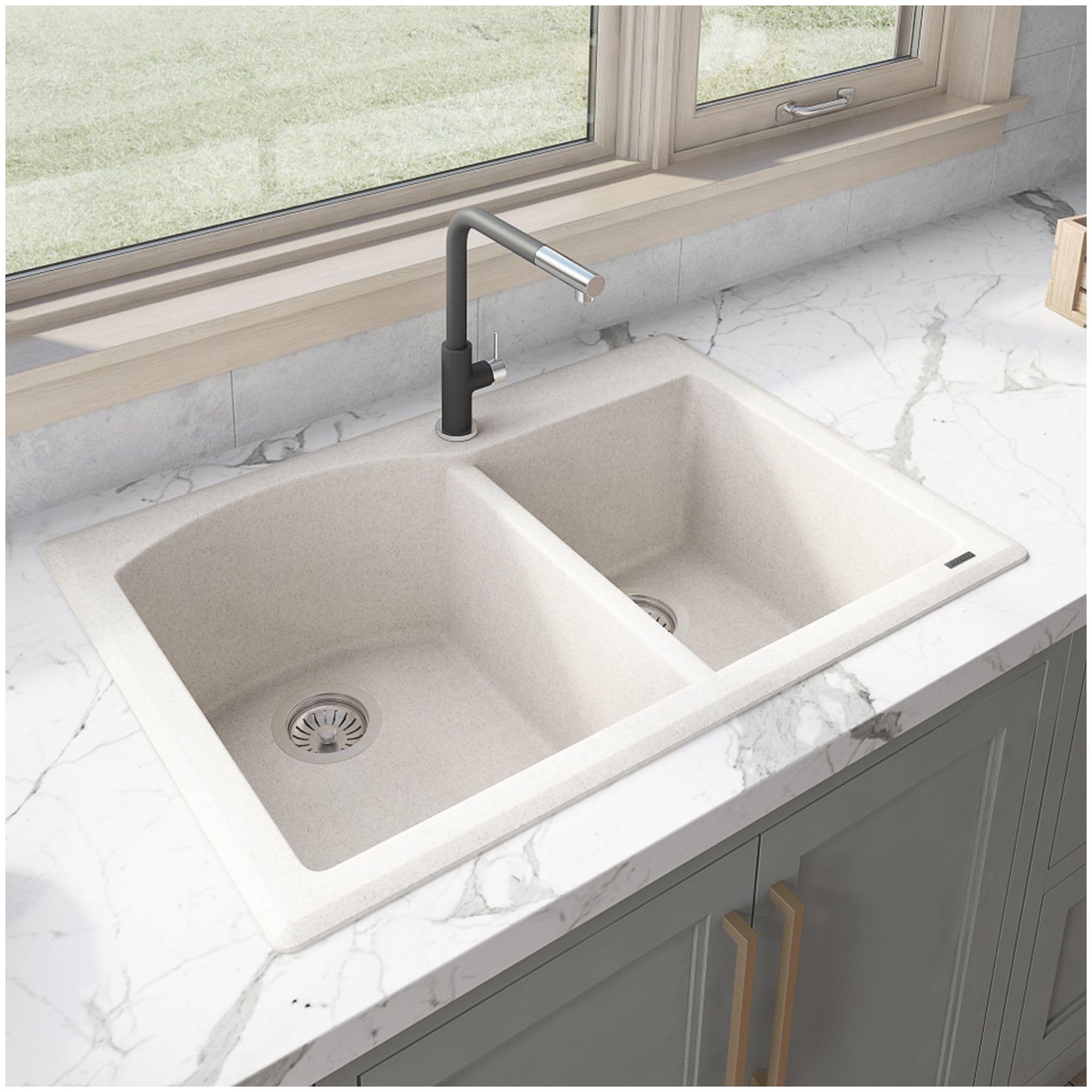 Ruvati 33 x 22 inch Drop-in Topmount Granite Composite Double Bowl Kitchen Sink - Midnight Black - RVG1344BK