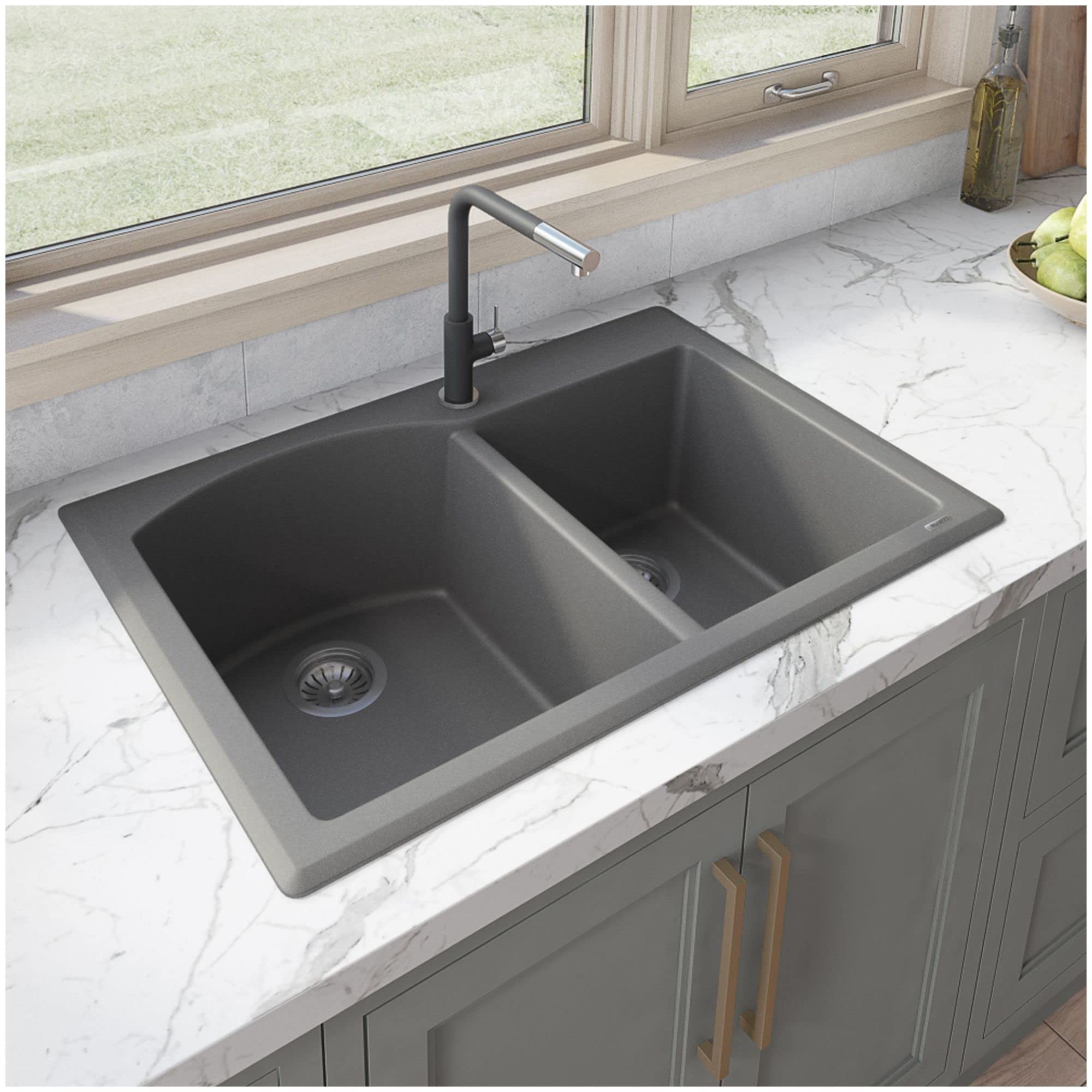 Ruvati 33 x 22 inch Drop-in Topmount Granite Composite Double Bowl Kitchen Sink - Midnight Black - RVG1344BK