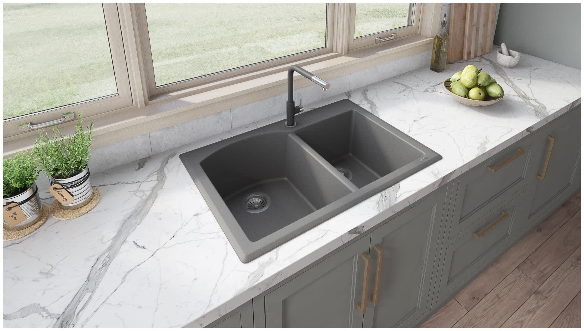 Ruvati 33 x 22 inch Drop-in Topmount Granite Composite Double Bowl Kitchen Sink - Midnight Black - RVG1344BK