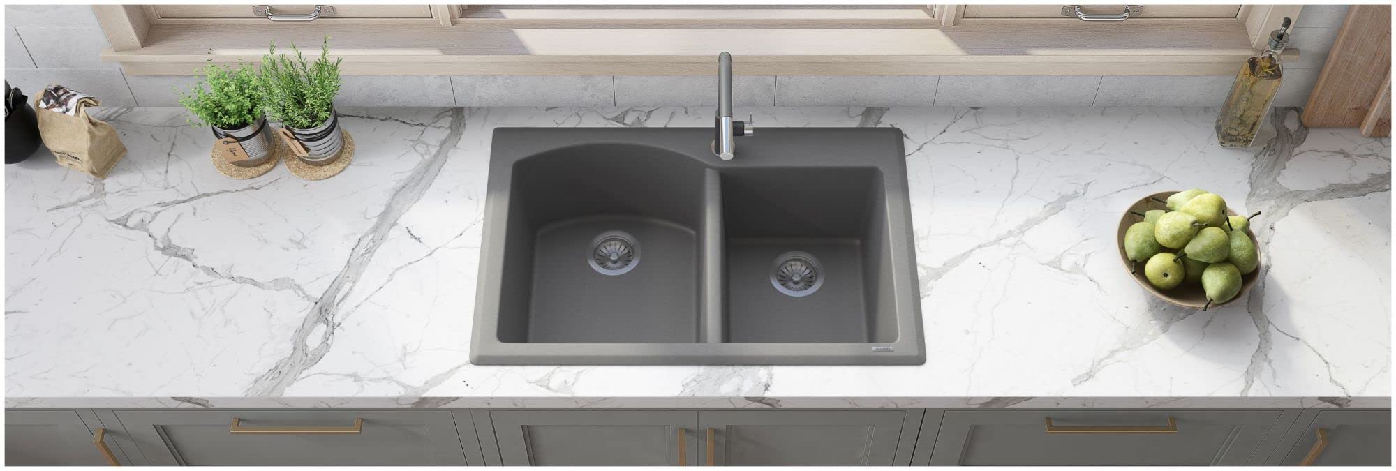 Ruvati 33 x 22 inch Drop-in Topmount Granite Composite Double Bowl Kitchen Sink - Midnight Black - RVG1344BK