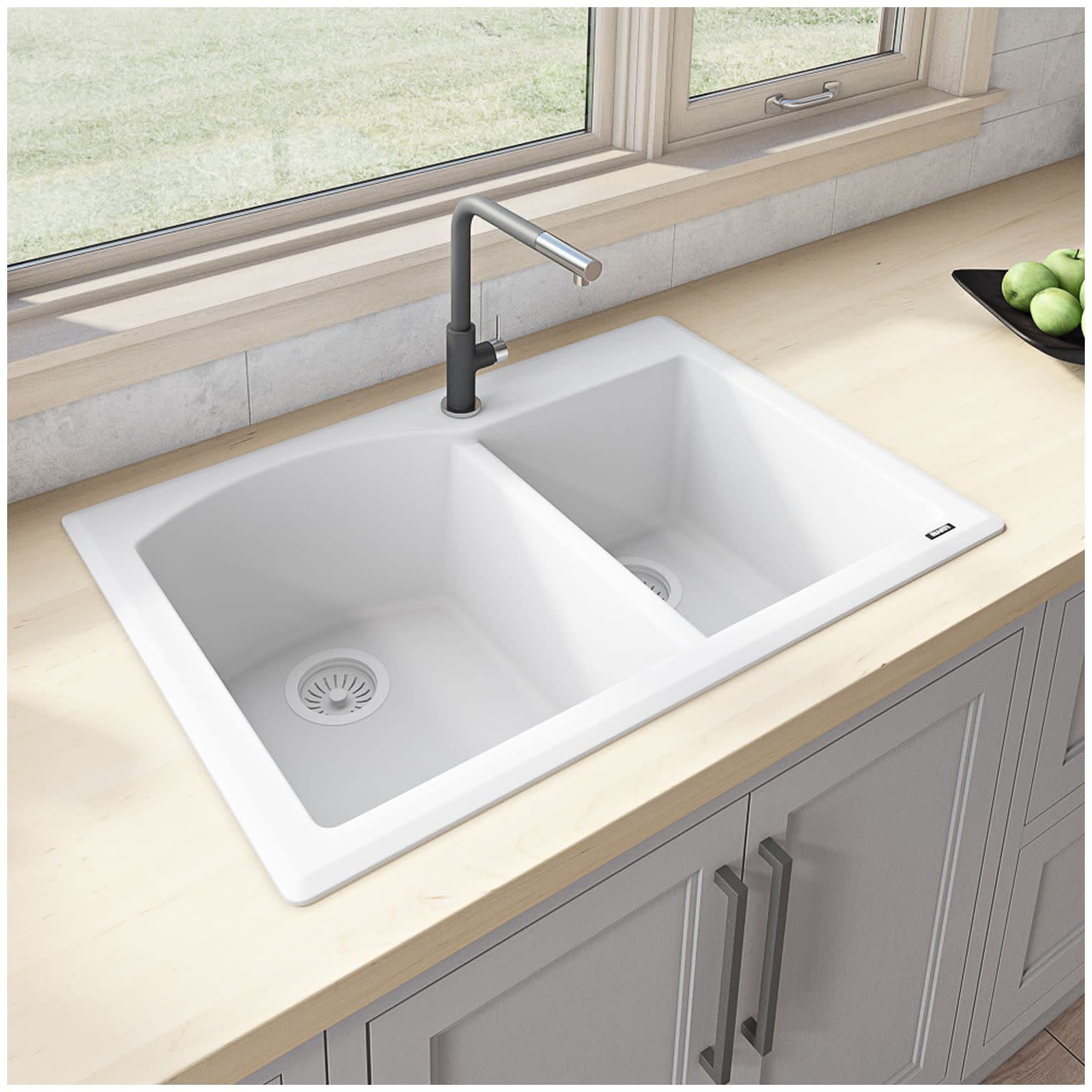 Ruvati 33 x 22 inch Drop-in Topmount Granite Composite Double Bowl Kitchen Sink - Midnight Black - RVG1344BK