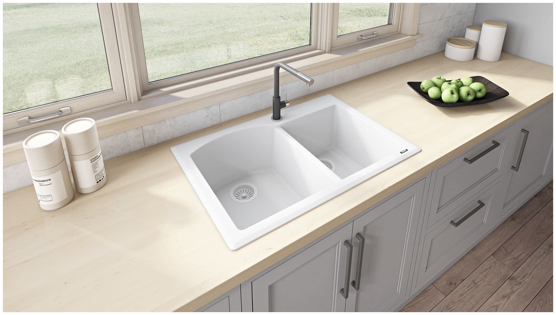 Ruvati 33 x 22 inch Drop-in Topmount Granite Composite Double Bowl Kitchen Sink - Midnight Black - RVG1344BK