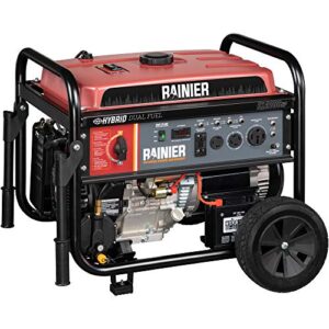 rainier r12000df dual fuel (gas and propane) portable generator with electric start - 12000 peak watts & 9500 rated watts - carb compliant - transfer switch ready