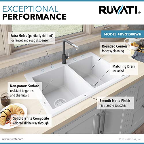 Ruvati 33 x 22 inch Drop-in Topmount Granite Composite Double Bowl Kitchen Sink - Arctic White - RVG1388WH