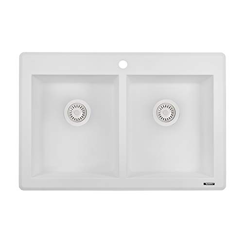 Ruvati 33 x 22 inch Drop-in Topmount Granite Composite Double Bowl Kitchen Sink - Arctic White - RVG1388WH