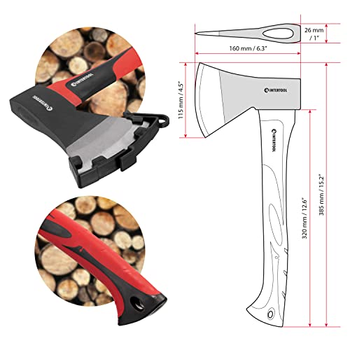 INTERTOOL 15” Hatchet Axe, 1.8 lbs, Small Camping Ax, Wood Cutting and Chopping, Shock Absorbing Fiberglass Anti-Slip Handle HT-0262