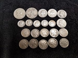 1913 to 1964 u.s. silver type coin set -walking liberty half, franklin half, 4-washington quarters, 3=mercury dimes, 2-roosevelt dimes & 10-buffalo nickels - a total of 21 coins - (1/2) us mint - all vg to xf