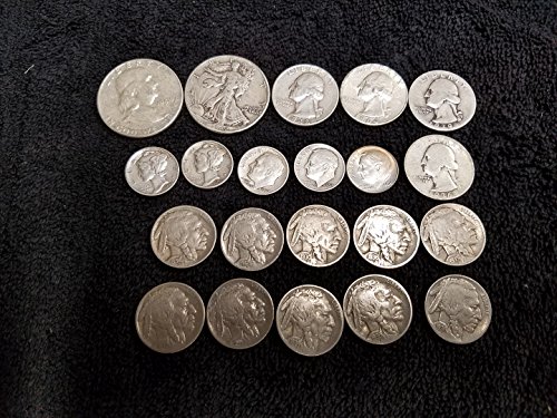 1913 to 1964 U.S. Silver Type Coin Set -Walking Liberty Half, Franklin Half, 4-Washington Quarters, 3=Mercury Dimes, 2-Roosevelt Dimes & 10-Buffalo Nickels - a total of 21 Coins - (1/2) US Mint - All VG to XF