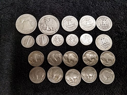 1913 to 1964 U.S. Silver Type Coin Set -Walking Liberty Half, Franklin Half, 4-Washington Quarters, 3=Mercury Dimes, 2-Roosevelt Dimes & 10-Buffalo Nickels - a total of 21 Coins - (1/2) US Mint - All VG to XF