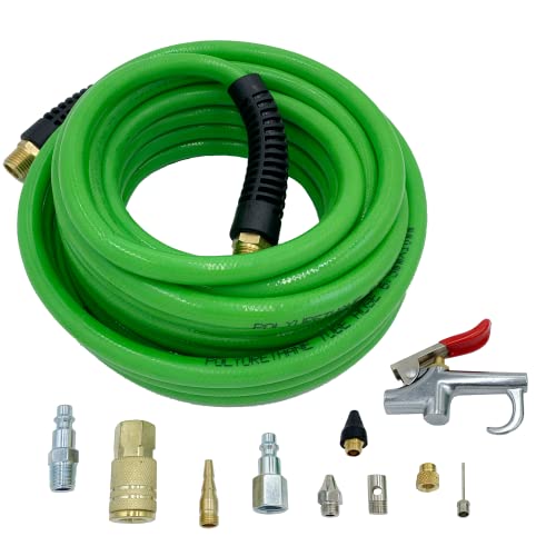 DP Dynamic Power Polyurethane Braided Air Hose 1/4" X 25 Ft with 10 pcs Air Compressor Accessories KIT, 200 PSI.