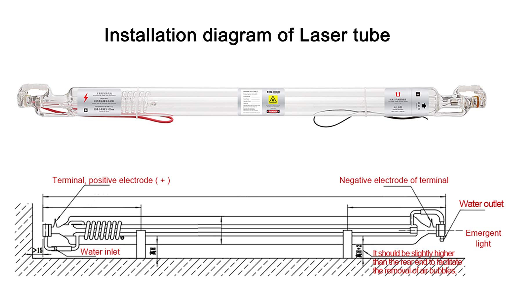 TEN-HIGH 50W CO2 Laser Tube 800mm D50mm, Wires Preconnected with Coating, for Laser Cutter Laser Engraving Cutting Machine