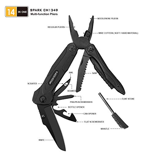 Roxon CM1349 SPARK Multitool Plier, 14-in-1 Multitools Folding Plier, Multipurpose Outdoor Survival Portable Multi Tool Set