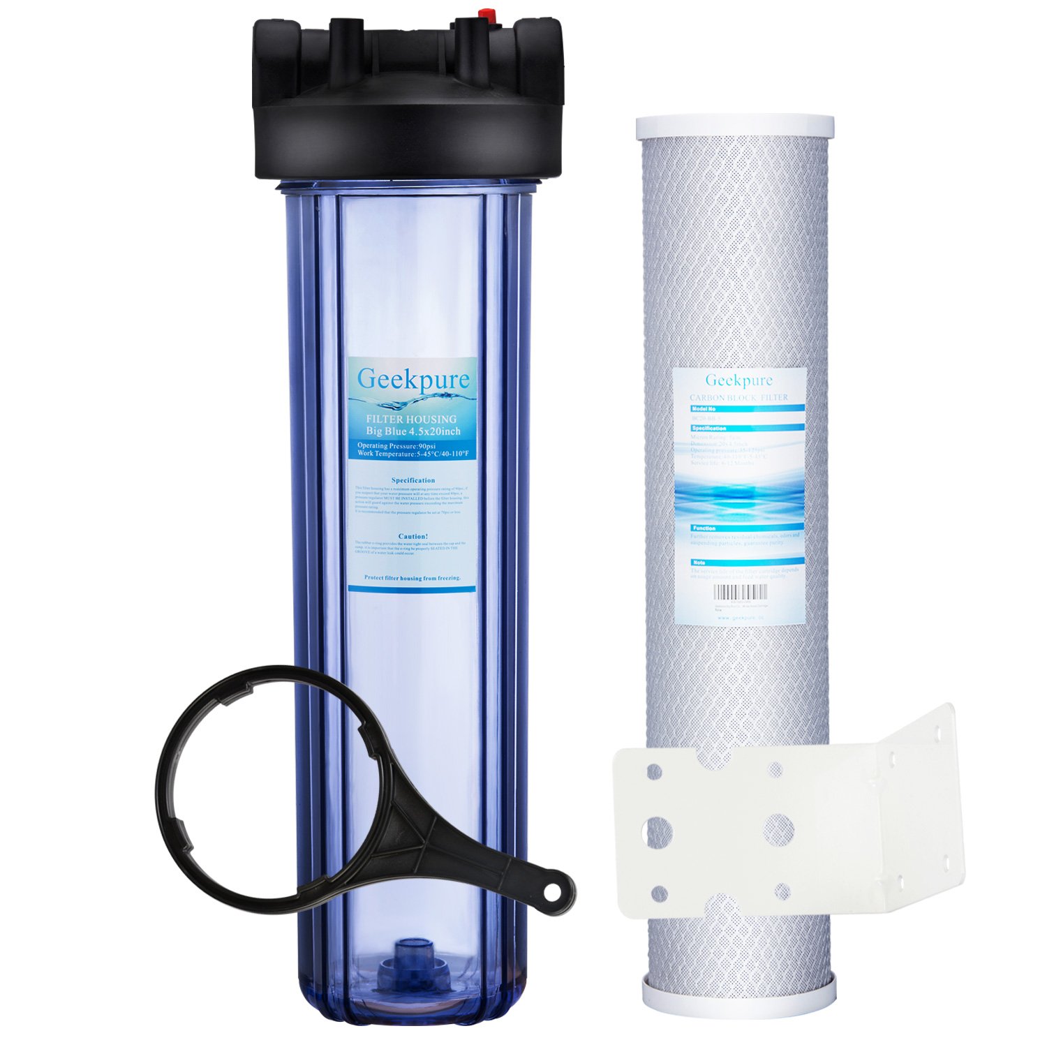 Geekpure Whole House Water Filtration System with 20-Inch Big Clear Housing and 4.5"x20" 5 Micron Carbon Block Filter