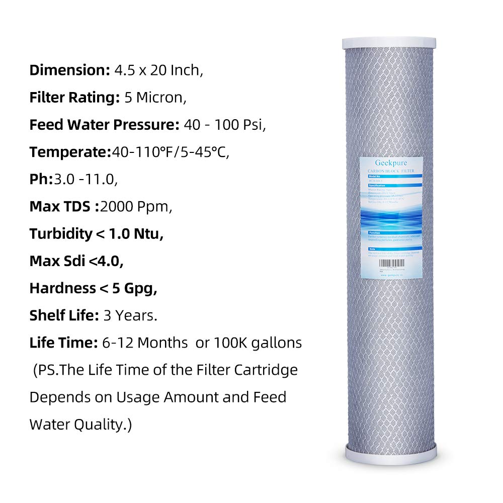 Geekpure Whole House Water Filtration System with 20-Inch Big Clear Housing and 4.5"x20" 5 Micron Carbon Block Filter