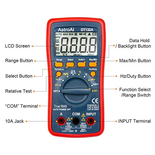 AstroAI Digital Multimeter TRMS 4000 Counts with DC AC voltmeter and Auto-Ranging Fast Accurately Measures Voltage, Current, Resistance, Capacitance, Temperature, Continuity, Frequency and Duty-Cycle.