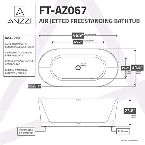 ANZZI 67" Freestanding Jetted Bathtub - White Acrylic Air Jetted Free standing Bath tub - Jerico Series Soaking Tub, Drain and Overflow, Light Up Control Pad - Luxury Spa Experience at Home