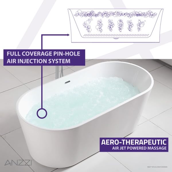 ANZZI 67" Freestanding Jetted Bathtub - White Acrylic Air Jetted Free standing Bath tub - Jerico Series Soaking Tub, Drain and Overflow, Light Up Control Pad - Luxury Spa Experience at Home