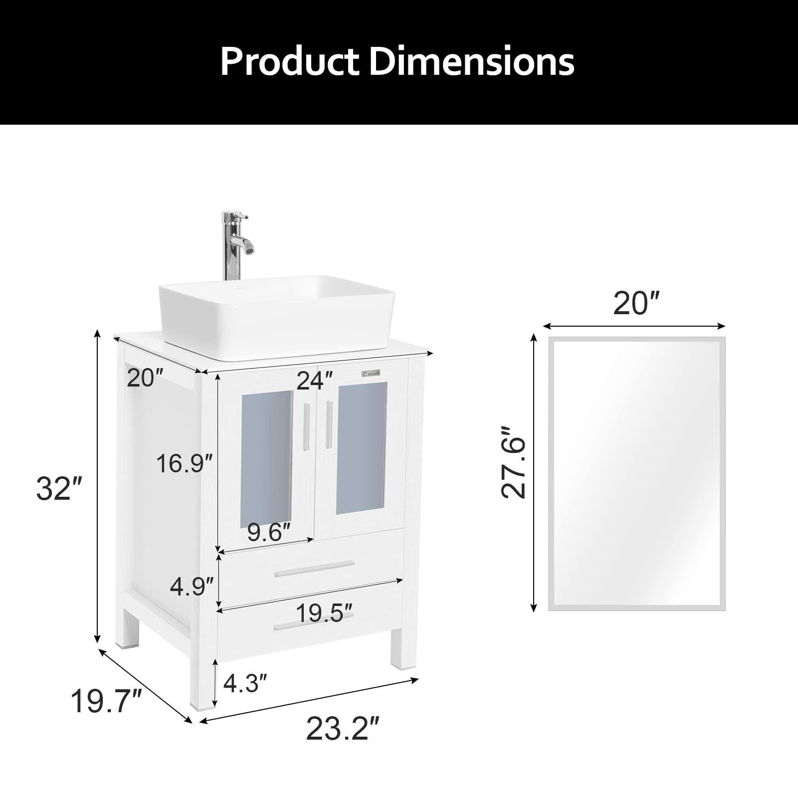 eclife 24" Bathroom Vanity Sink Combo White Stand Cabinet Rectangle White Ceramic Vessel Sink & Chrome Water Save Faucet & Solid Brass Pop Up Drain with Mirror (T03 B02W)