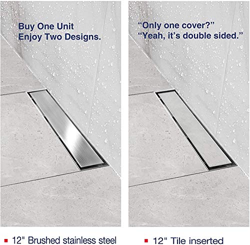 Neodrain 12-Inch Linear Shower Drain with 2-in-1 Flat & Tile Insert Cover, Brushed 304 Stainless Steel Rectangle Shower Floor Drain,Floor Shower Drain with Hair Strainer