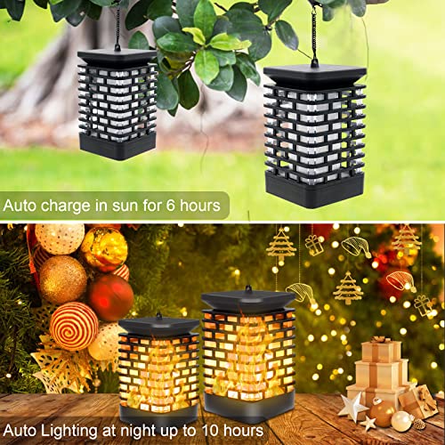 Arzerlize Solar Lanterns Outdoor Hanging Lights Waterproof, Usb or Solar Powered Flickering Flame Hanging Lantern Lights Outdoor Christmas Decoration for Garden Patio Porch Camper Deck 99LED Yellow 2P