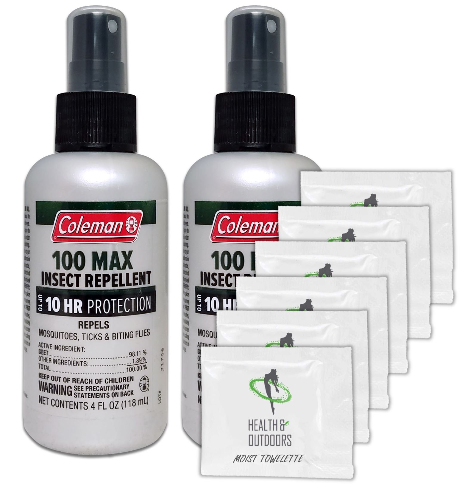 Coleman Max 100% Deet Insect Repellent - 4 oz Pump - Pack of 2 - w/ (6) Healthandoutdoor Hand WipesQ