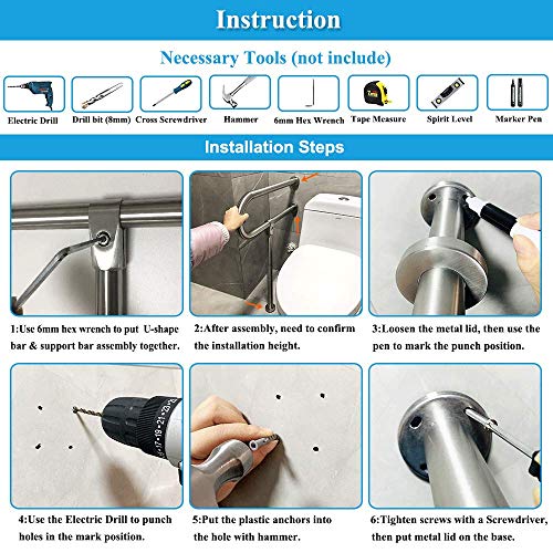 Handicap Rails Grab Bars Bathroom Toilet Safety Rails Support for Elderly Seniors Handicap Toilet Rails Support Assist Stainless Steel Grab Bars for Bathroom Shower Safety Bars Handrails