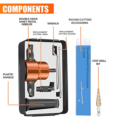 REXBETI Double Headed Sheet Metal Nibbler, Drill Attachment Metal Cutter with Extra Punch and Die, 1 Cutting Hole Accessory and 1 Step Drill Bit, Perfect for Straight Curve and Circle Cutting (Gold)