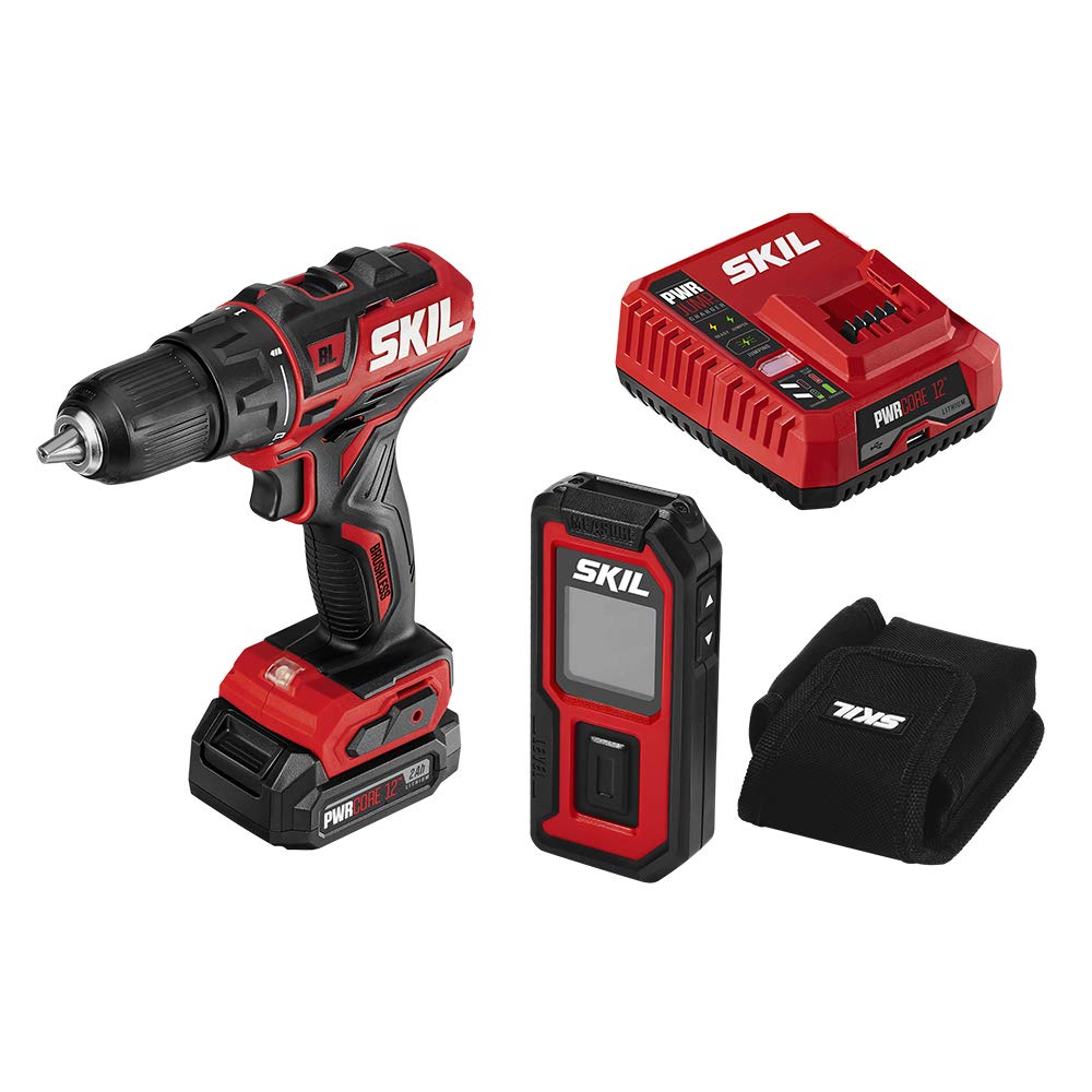 SKIL 2-Tool Combo Kit: PWRCore 12 Brushless 12V 1/2 Inch Cordless Drill Driver and 100 Foot Laser Distance Measurer and Level, Includes 2.0Ah Lithium Battery and PWRJump Charger - CB737501