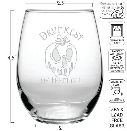 Drunkest of them All - 15 oz Stemless Glass - Snow White Fairytale Inspired - Poison Apple - Movie - Funny Birthday Gift Best Friend - Maleficent - Evil Villian Collection - 21st Birthday - Wine Glass