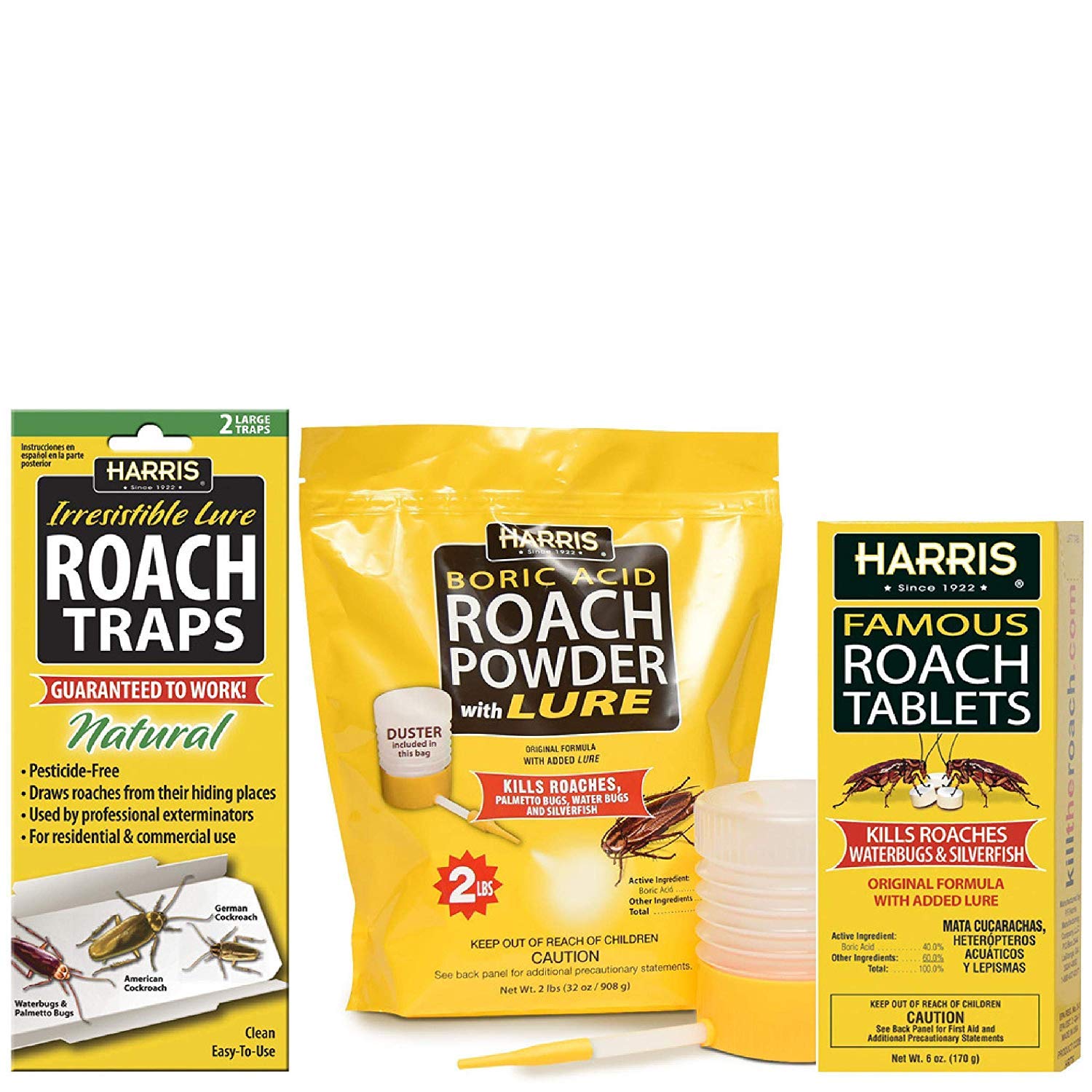 Harris Roach Kit Value Pack - Includes 32oz Acid Roach Killer with Powder Duster, 6oz Roach Tablets with Lure, and 2-Pack Roach Glue Traps